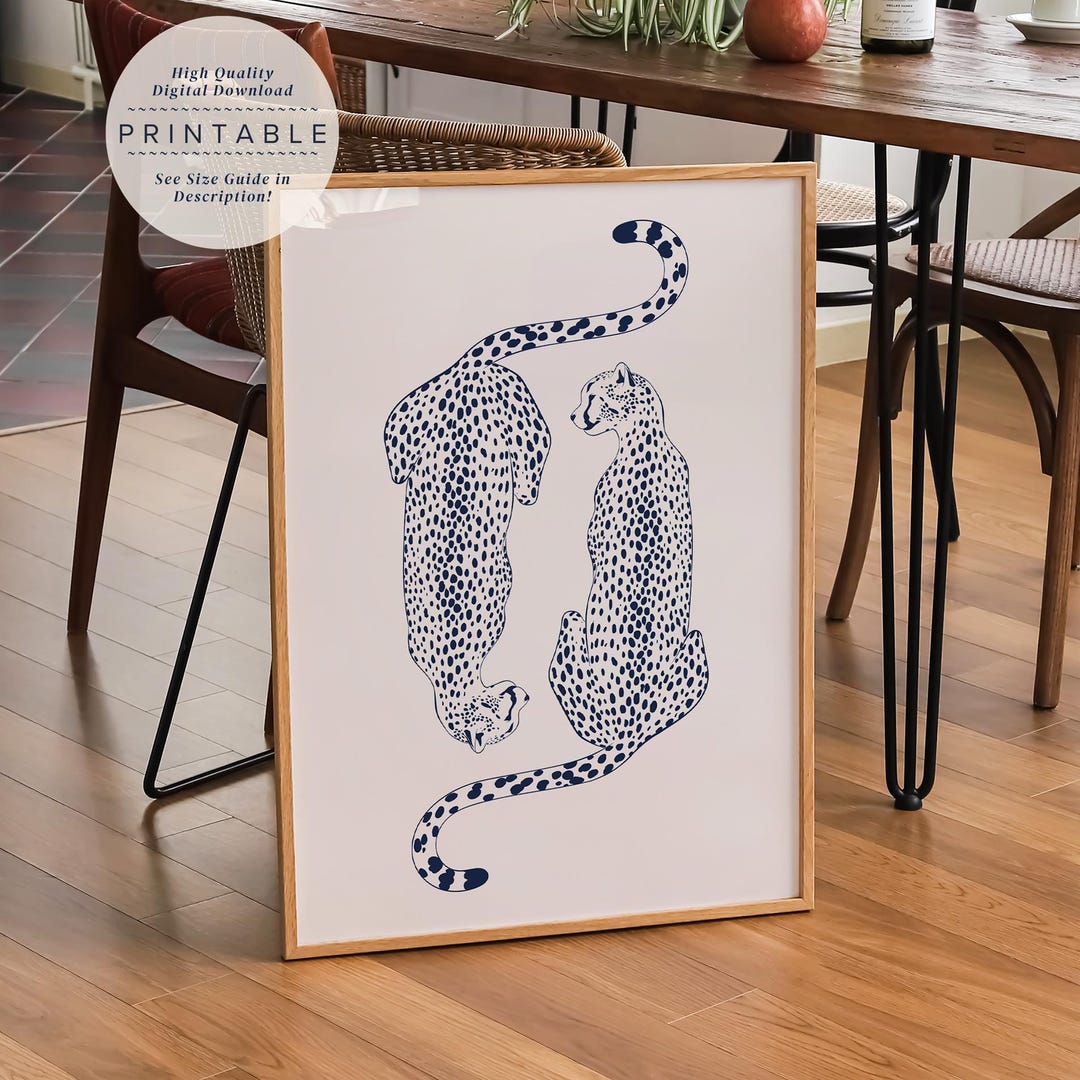 Navy Cheetah Wall Print, Retro Wall Decor, Digital Download, Blue Room ...