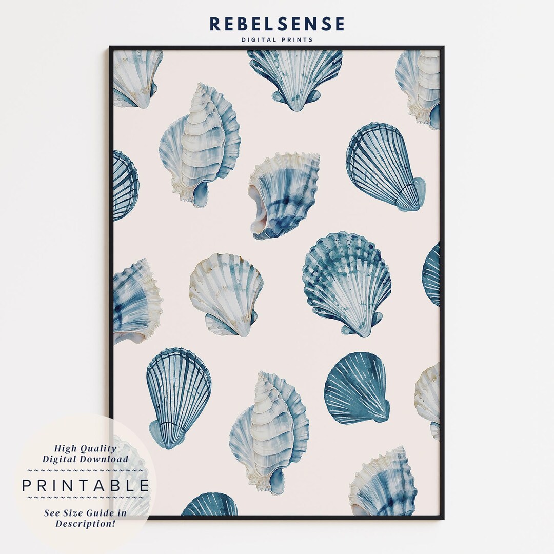 Seashell Print, Blue Shell Coastal Wall Art, Apartment Decor, Conch ...