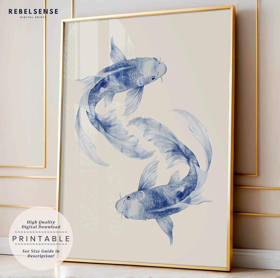 Blue Koi Fish Print, Trendy Blue Japanese Decor, Ocean Wall Art, Beach ...