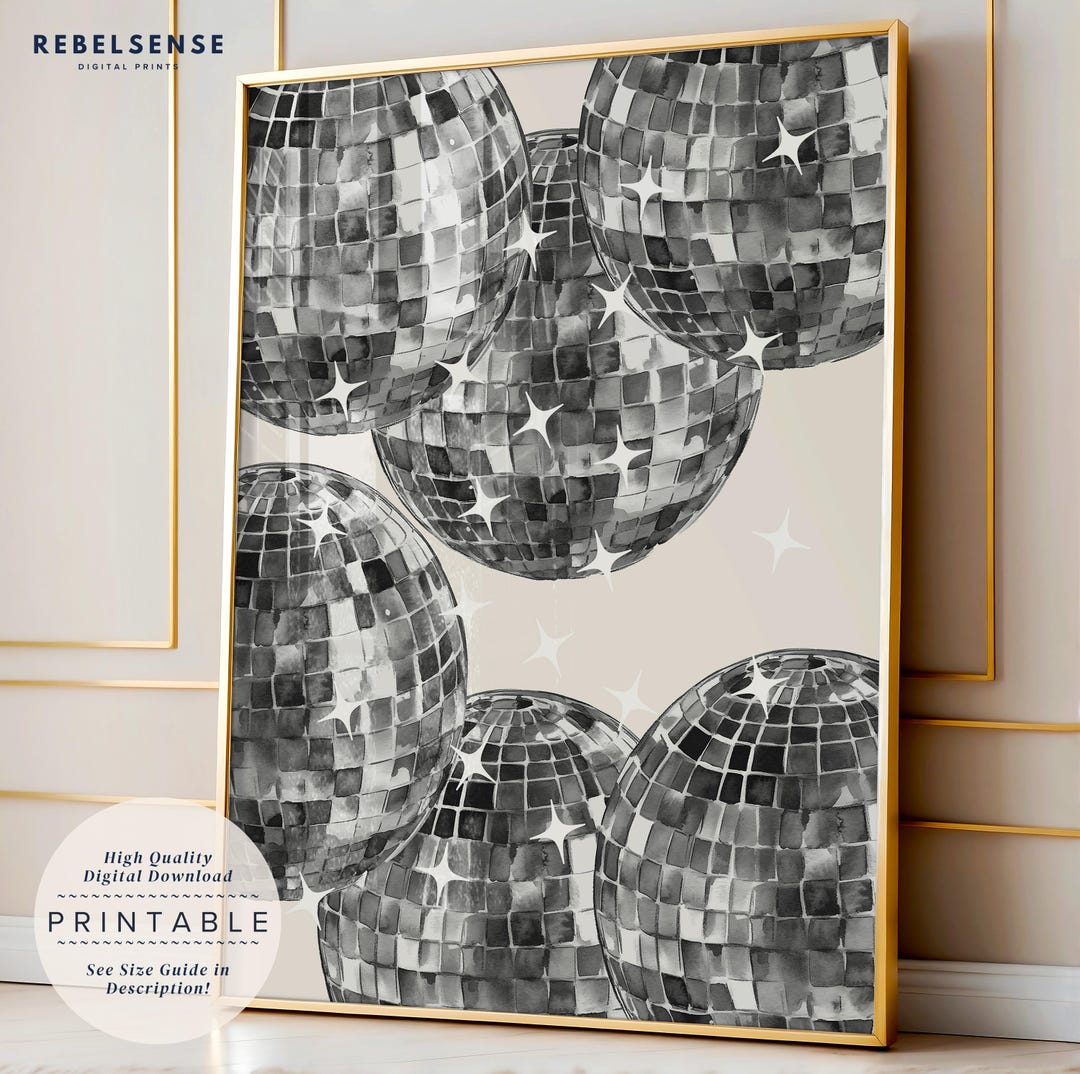 Black Disco Ball Print, Mirrorball Poster, Neutral Wall Art, Retro Wall ...