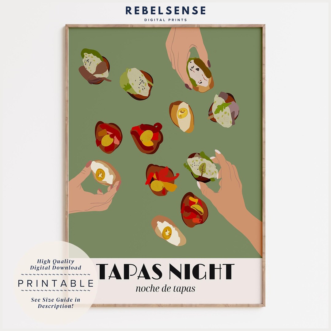 Spanish Tapas Print, Spain Food Art, Printable, Retro Kitchen Print ...
