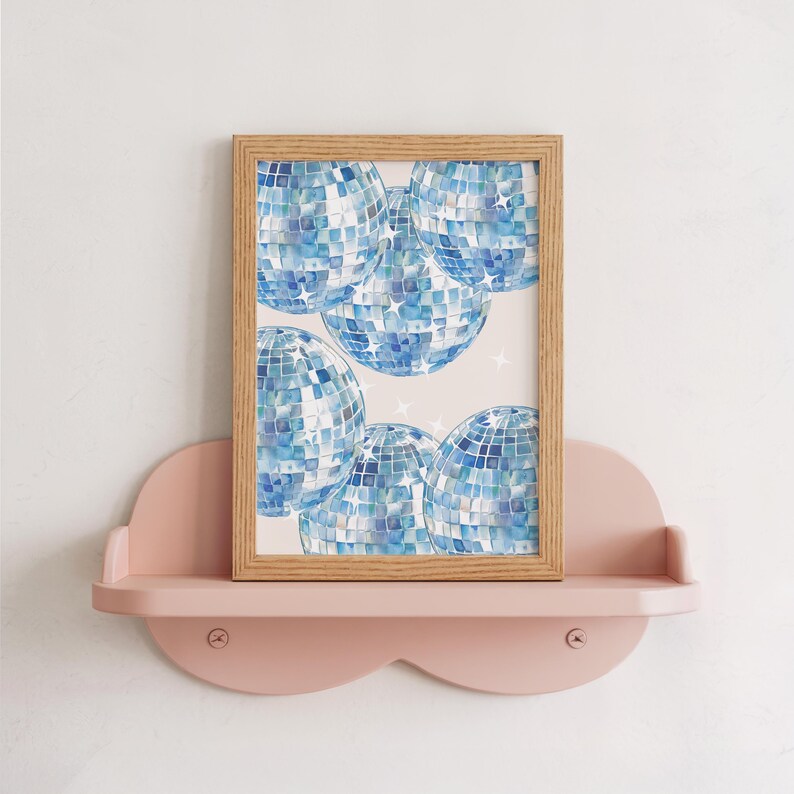 Disco Ball Print: Retro Light Blue Mirrorball Poster, Funky Apartment ...