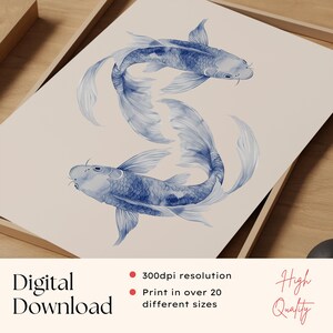 Blue Koi Fish Print, Trendy Blue Japanese Decor, Ocean Wall Art, Beach ...