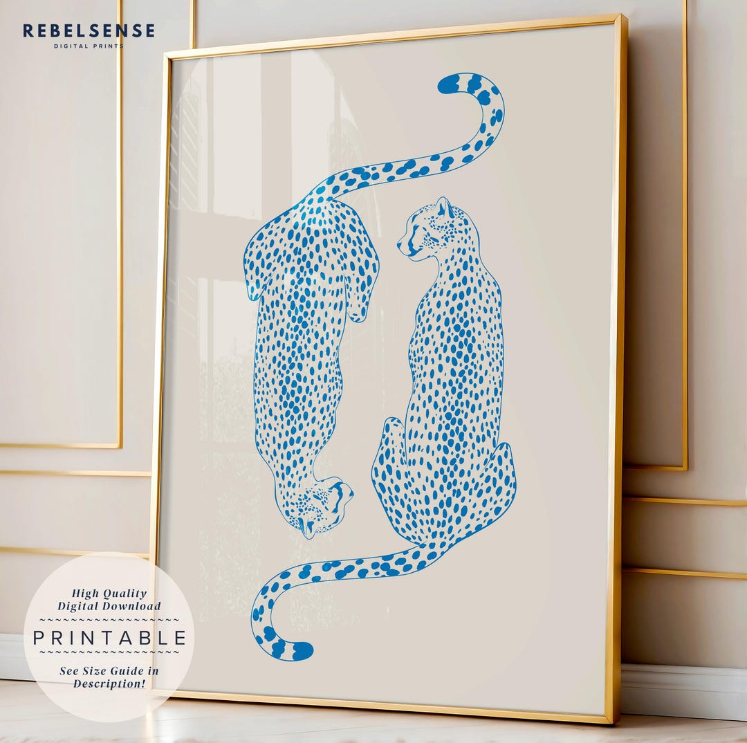 Blue Cheetah Wall Print, Retro Wall Decor, Digital Download, Blue Room ...