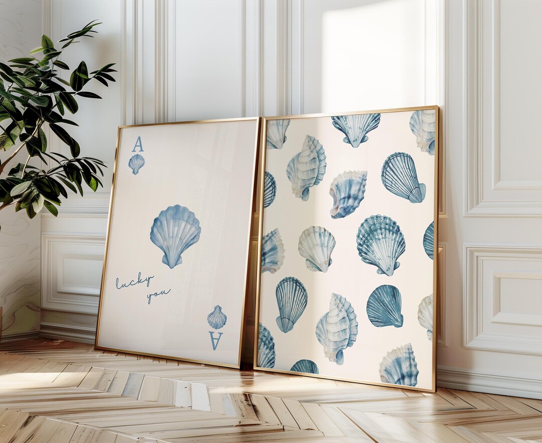 Blue Seashell Print Set of 2, Beachy Apartment Decor, Nautical Wall Art ...