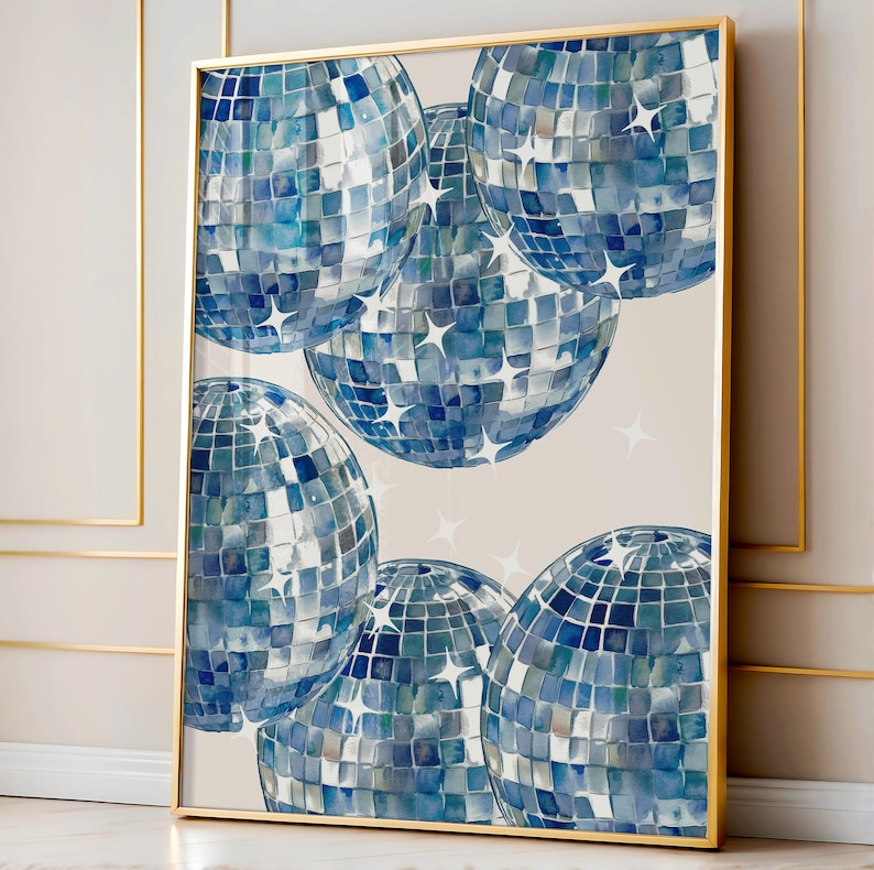 Navy Light Blue Disco Ball Prints: Retro Mirrorball Wall Art (digital ...