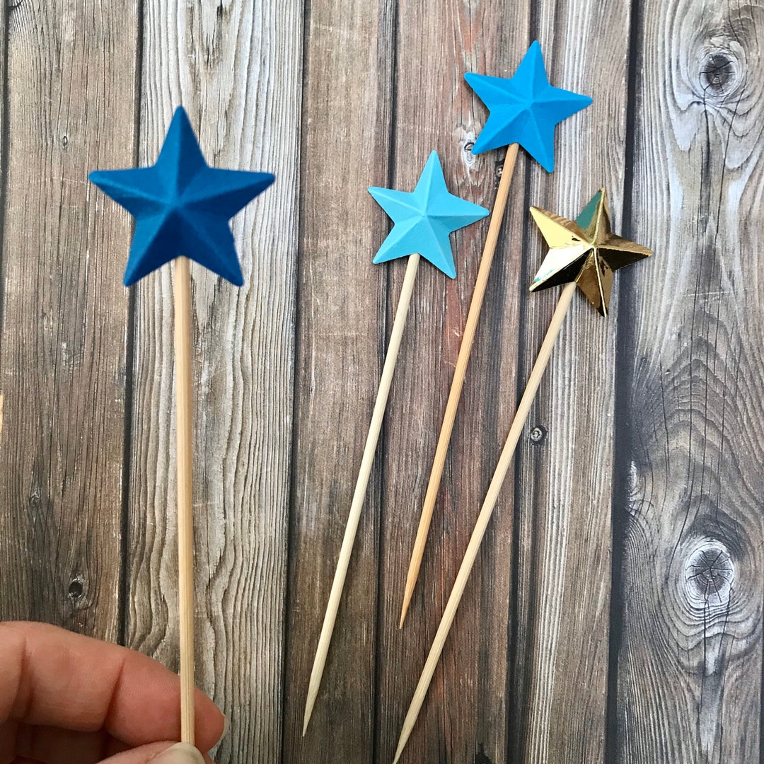 Blue and Gold Star Cupcake Toppers – 3D Star Picks for Cupcakes – for ...