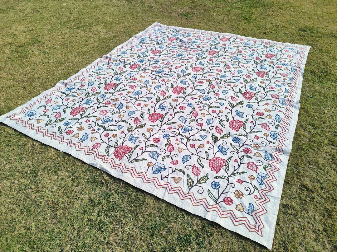 Cotton Crewel Bedspread Bedcover Hand Embroidered Kashmir Wool on ...