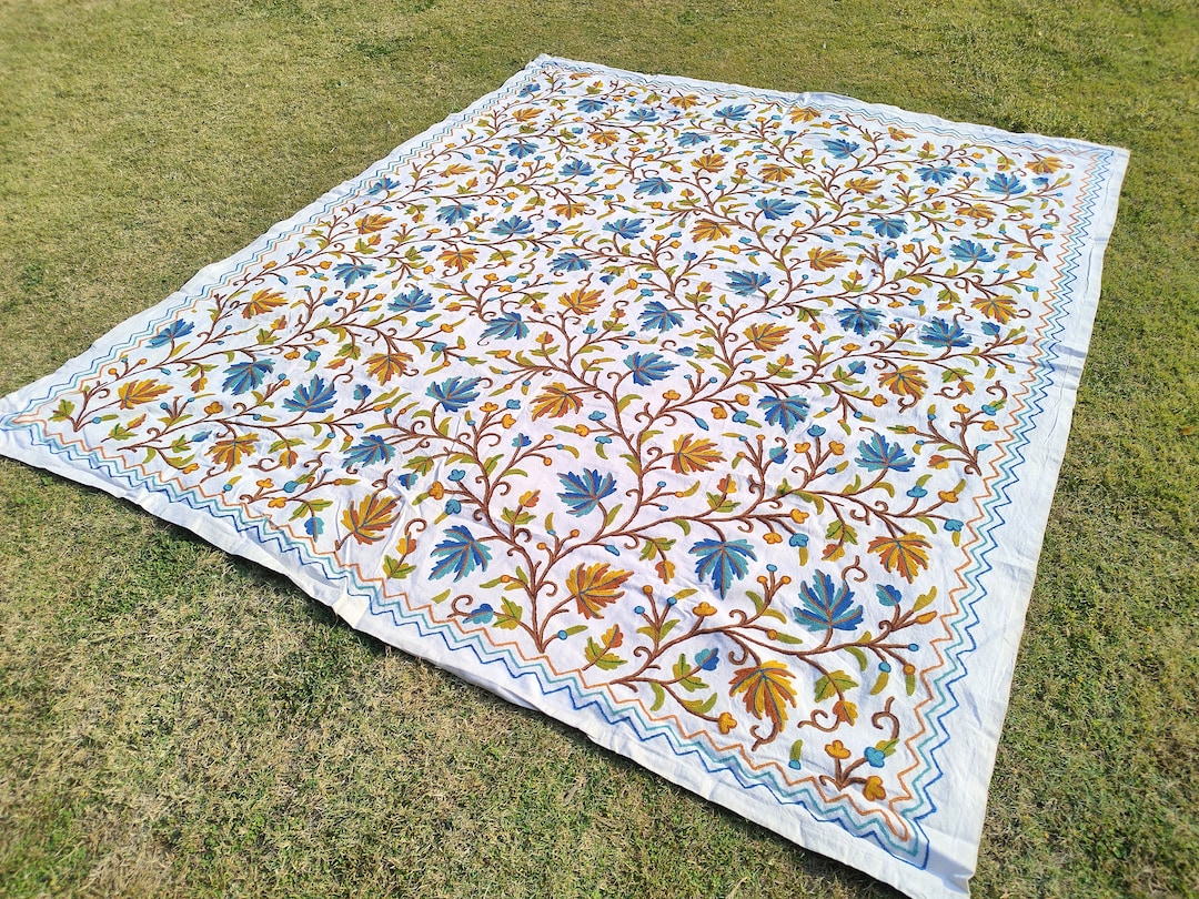 Cotton Crewel Bedspread Bedcover Hand Embroidered Kashmir Wool on ...