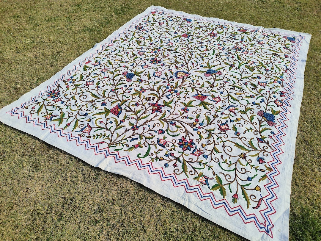 Cotton Crewel Bedspread Bedcover Hand Embroidered Kashmir Wool on ...