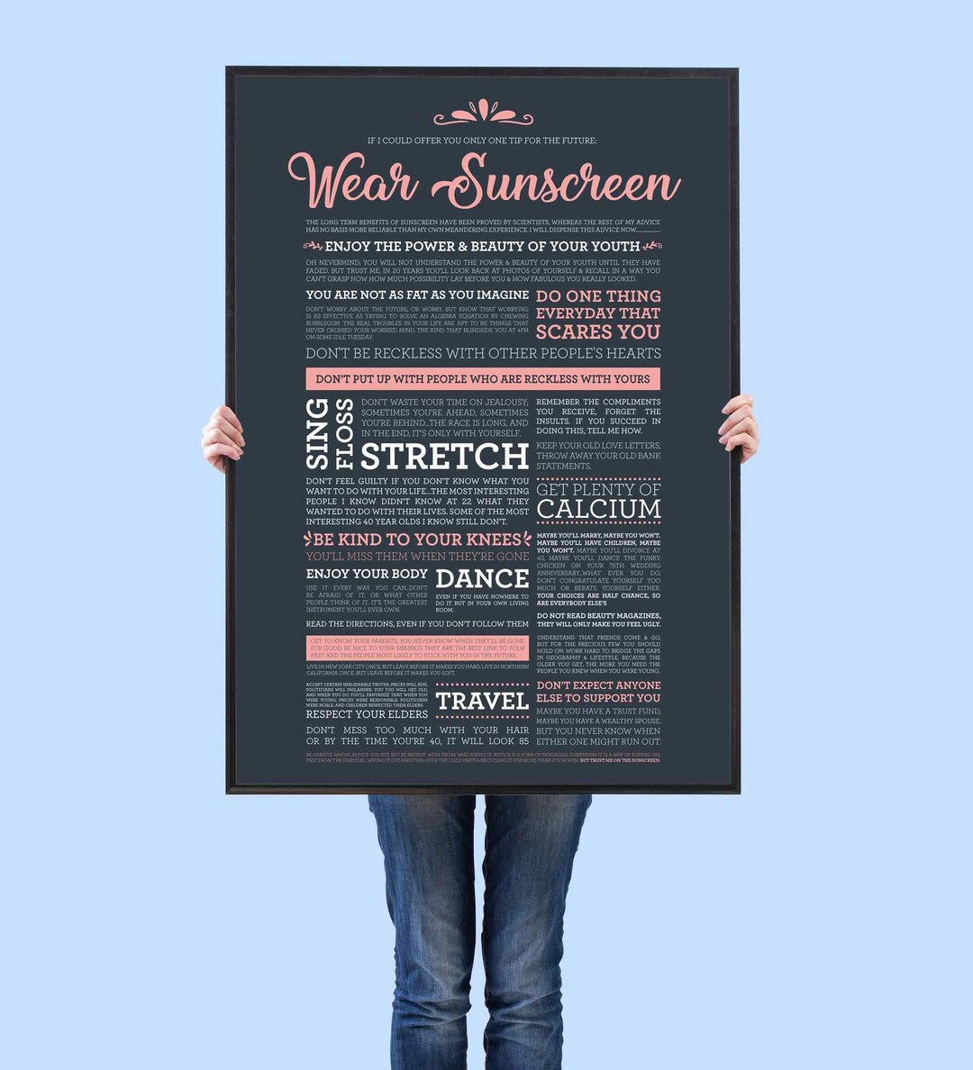 Sunscreen Song Lyrics Print - Navy & Pink - Wear Sunscreen - Sunscreen ...