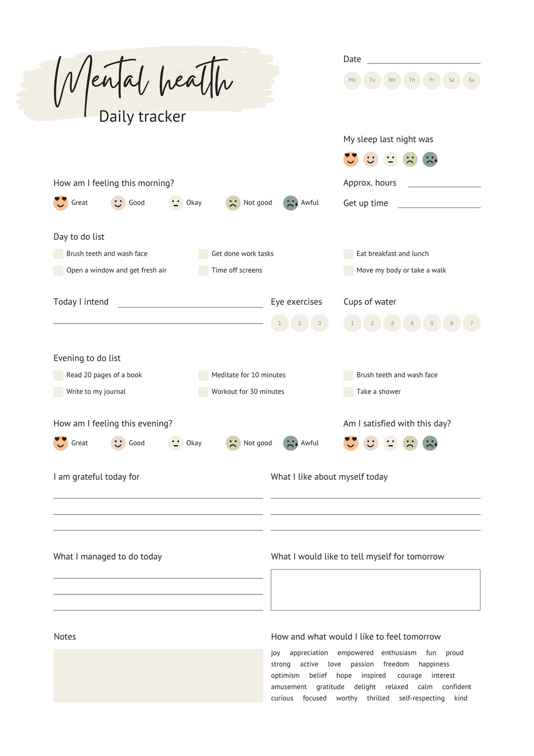 Daily Mental Health Tracker, Daily Mood Tracker, Mental Health, Mood ...