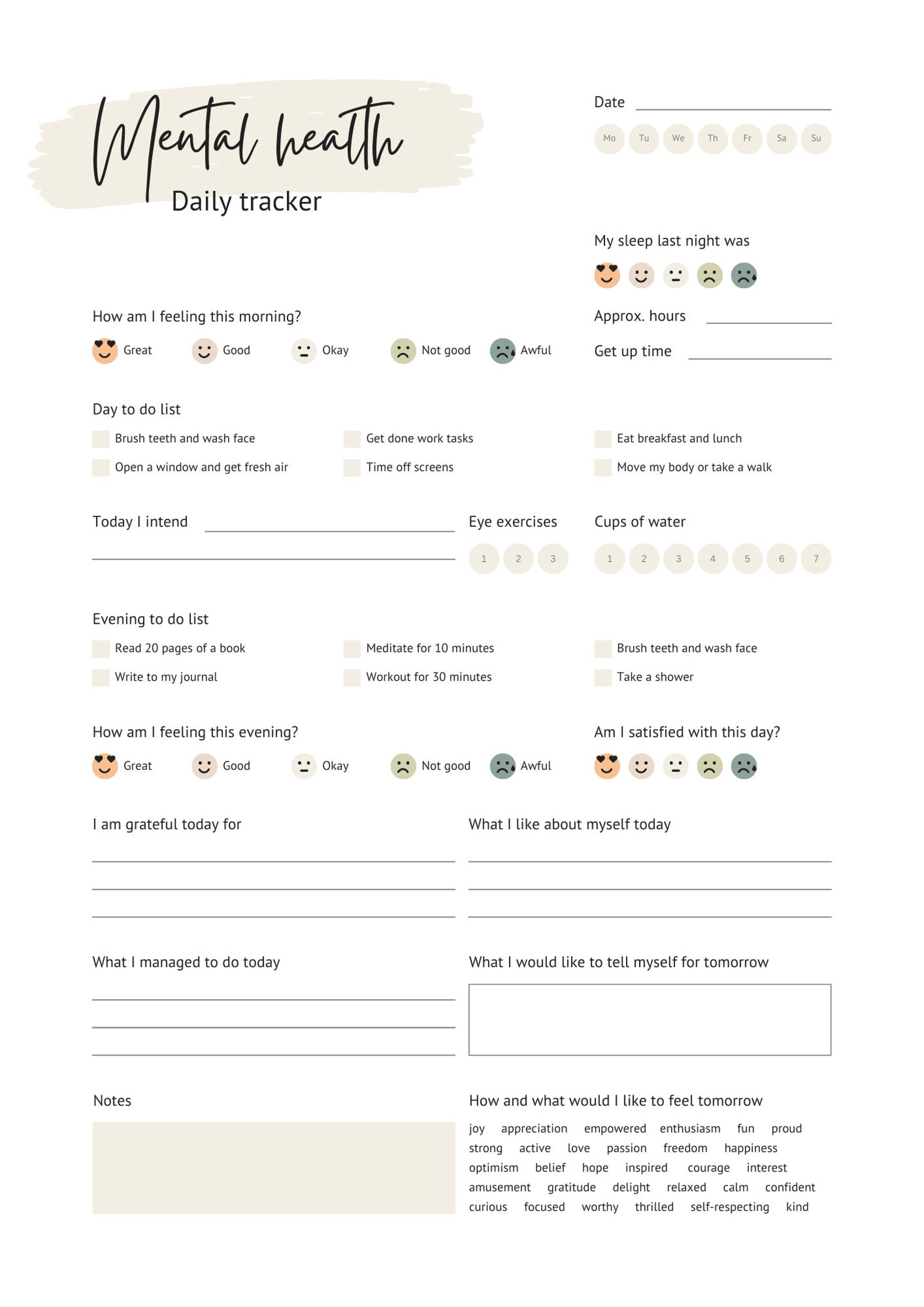 Daily Mental Health Tracker, Daily Mood Tracker, Mental Health, Mood ...