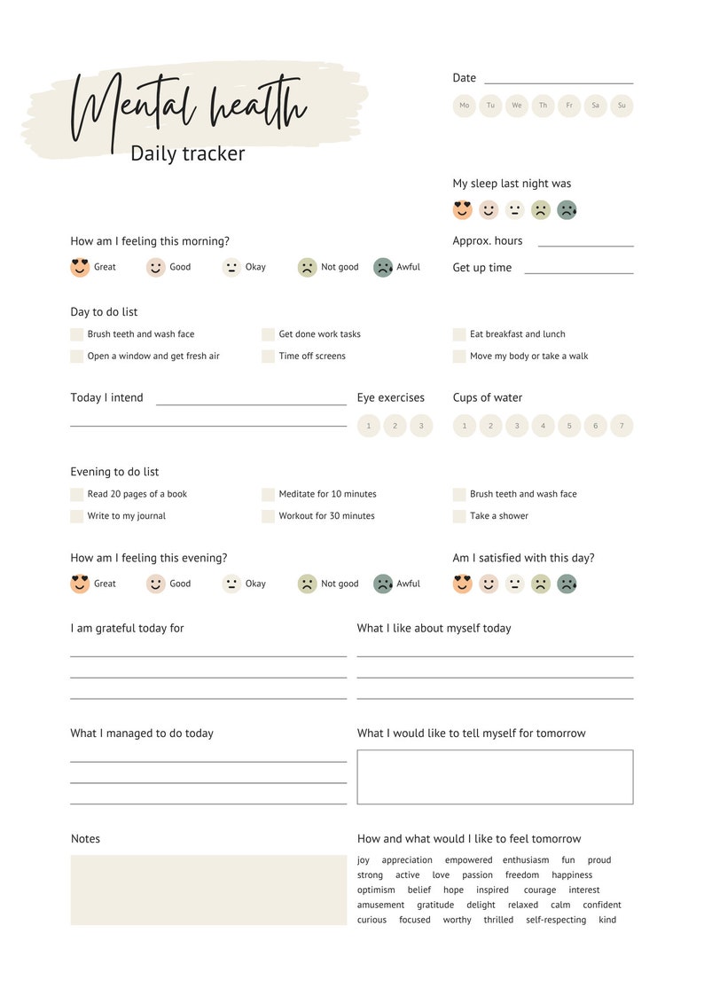 Daily Mental Health Tracker, Daily Mood Tracker, Mental Health, Mood ...