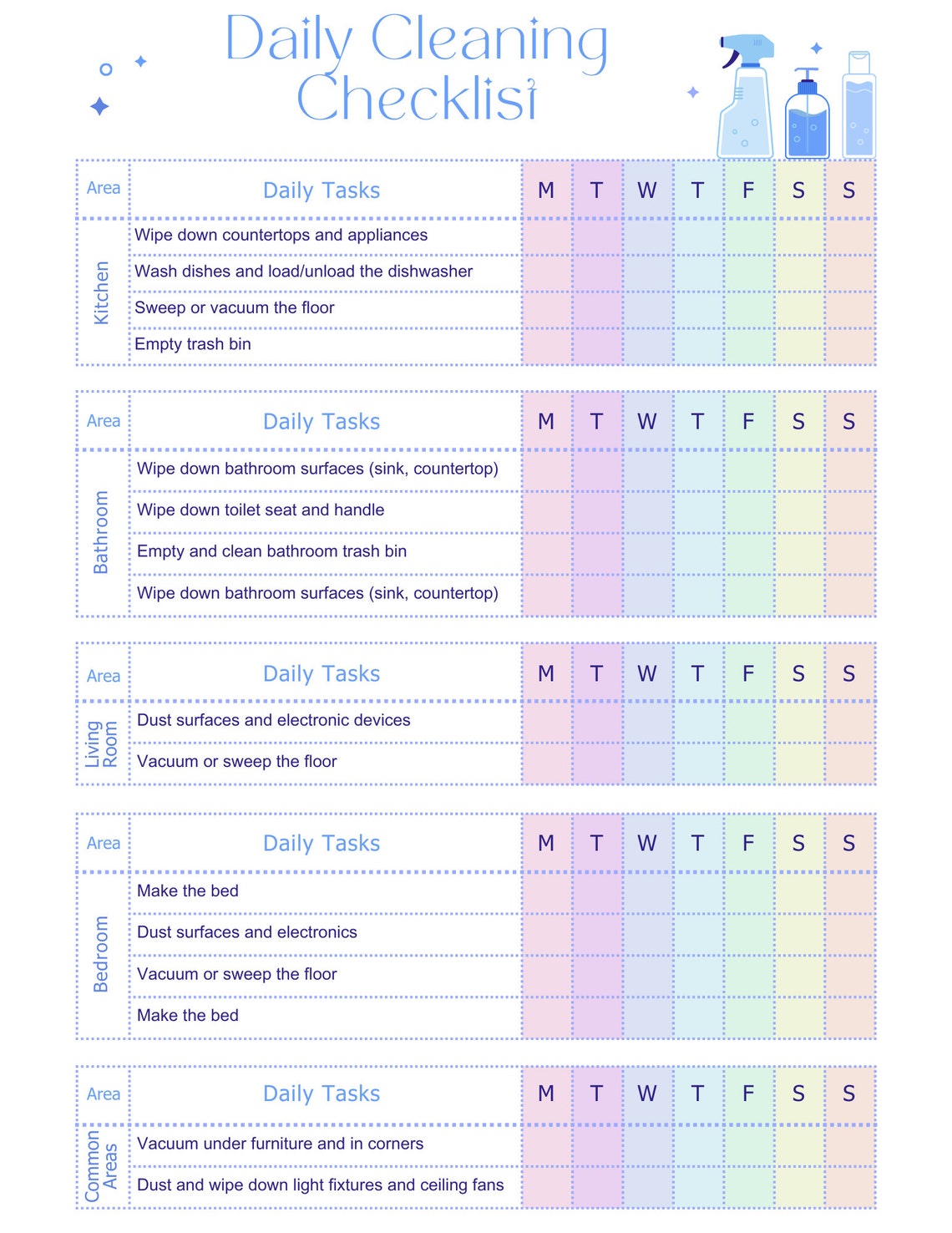 Daily Cleaning Checklist, Monthly Cleaning Checklist, Cleaning ...