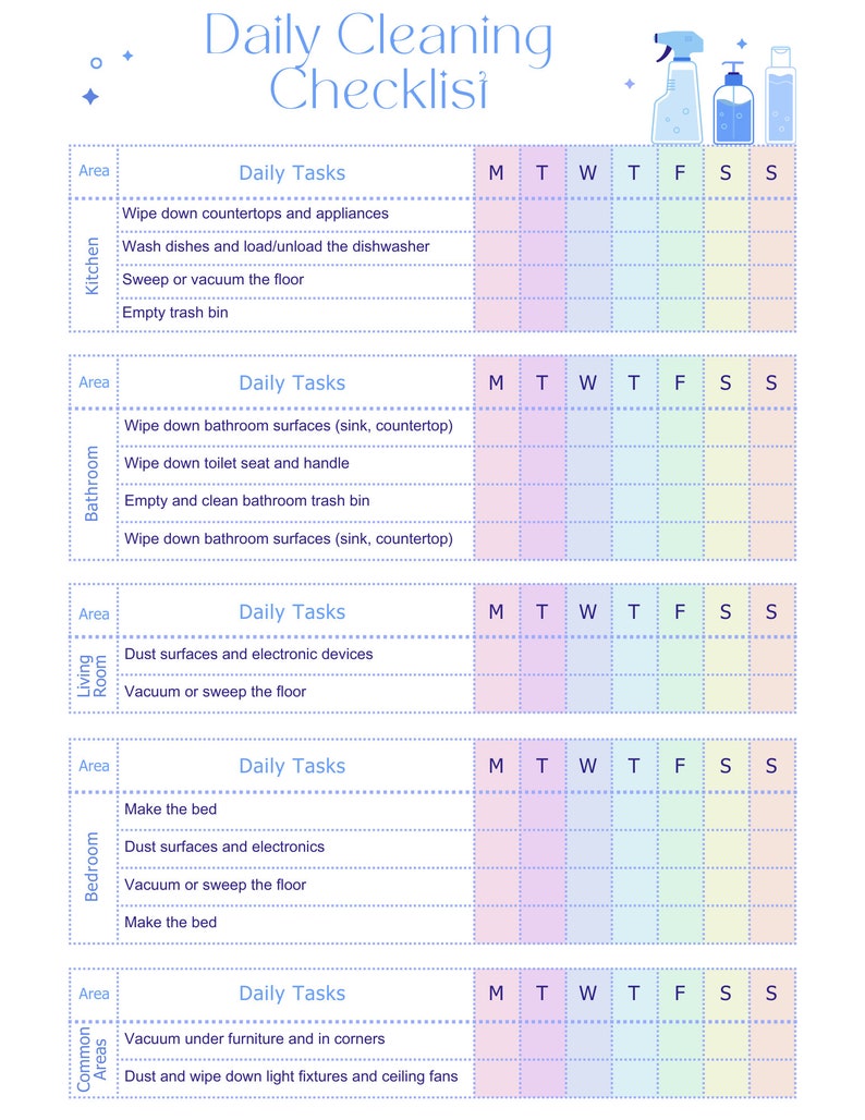 Daily Cleaning Checklist, Monthly Cleaning Checklist, Cleaning ...