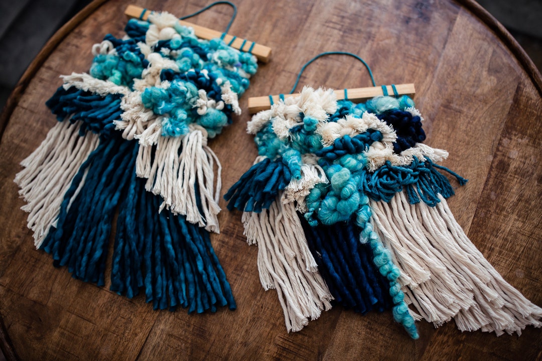 Teal Blue Bohemian Wall Hanging Set, Weaving, Boho Wall Art, Modern ...
