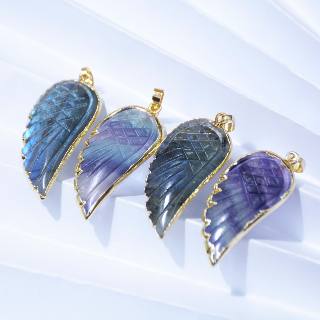 Gold Plated Gemstone Angel Wing Pendant, Crystal Carved Labradorite ...