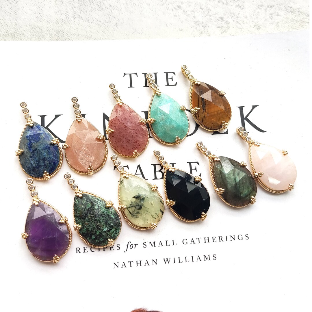 Teardrop Real Gemstone CZ Pendant, Gold Plated With Cubic Zirconia ...