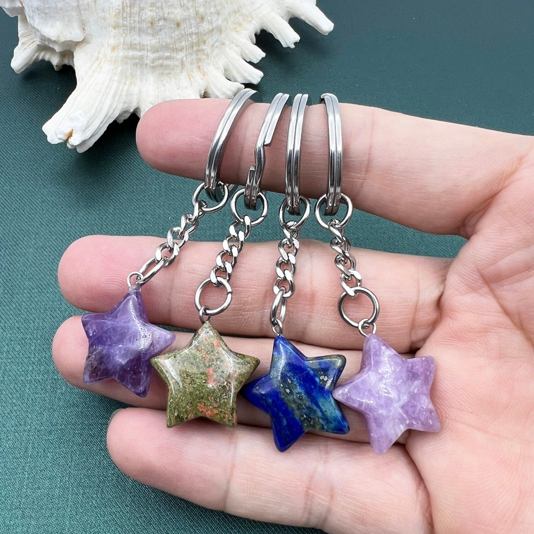 Hand Carved Star Crystal Key Chain, Healing Crystal Keychain, Gemstone ...
