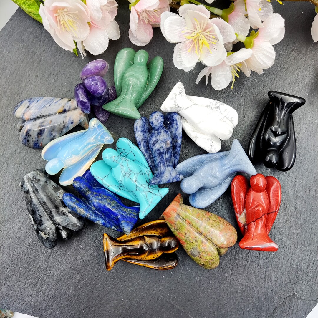 1.5 Inches Stone Angel Sculptures Decor, Natural Gemstone Carved Prayer ...