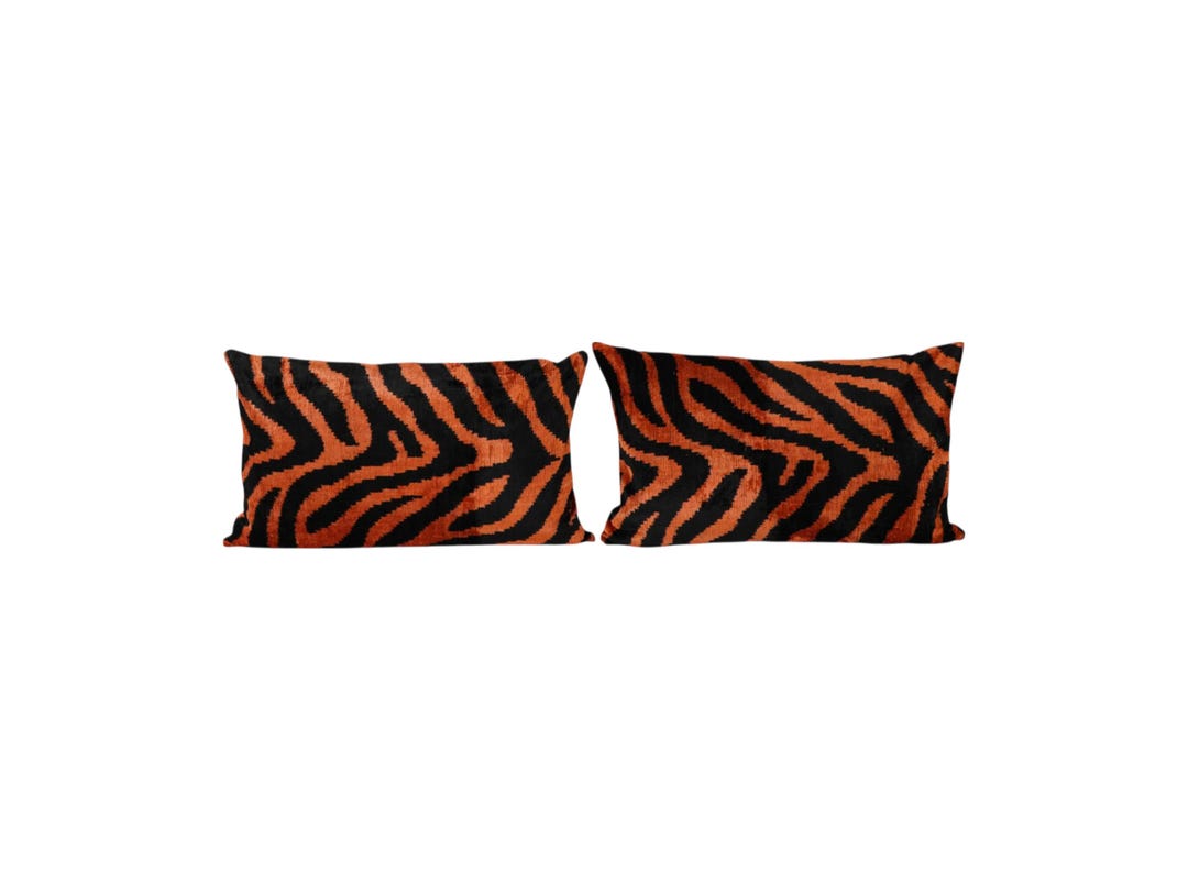 Silk Ikat Velvet Lumbar Pillow Cover Set | Vermilion Tiger Print, 16x26 ...