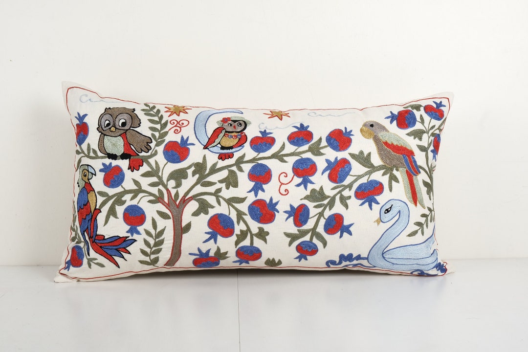 Vintage Long Pictorial Suzani Pillow Cover, Embroidery Duck, Eagle and ...