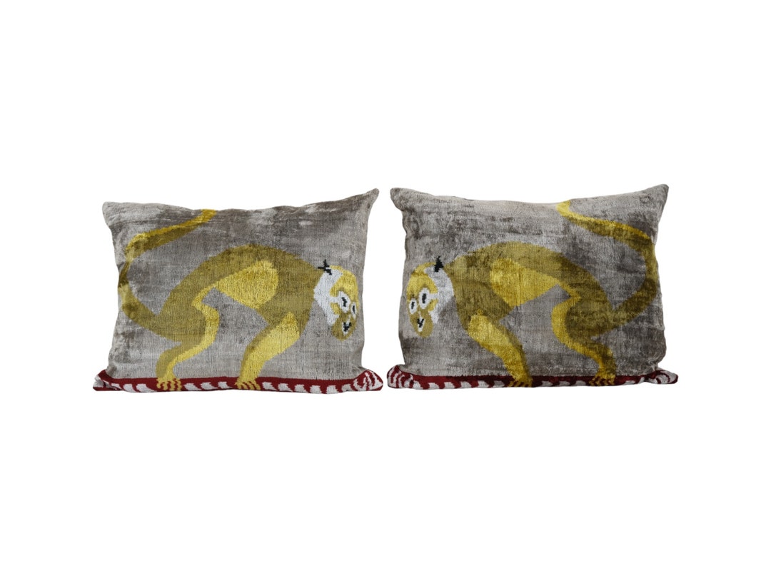 Silk Ikat Velvet Pillow With Monkey Design - Set of Two Handmade ...