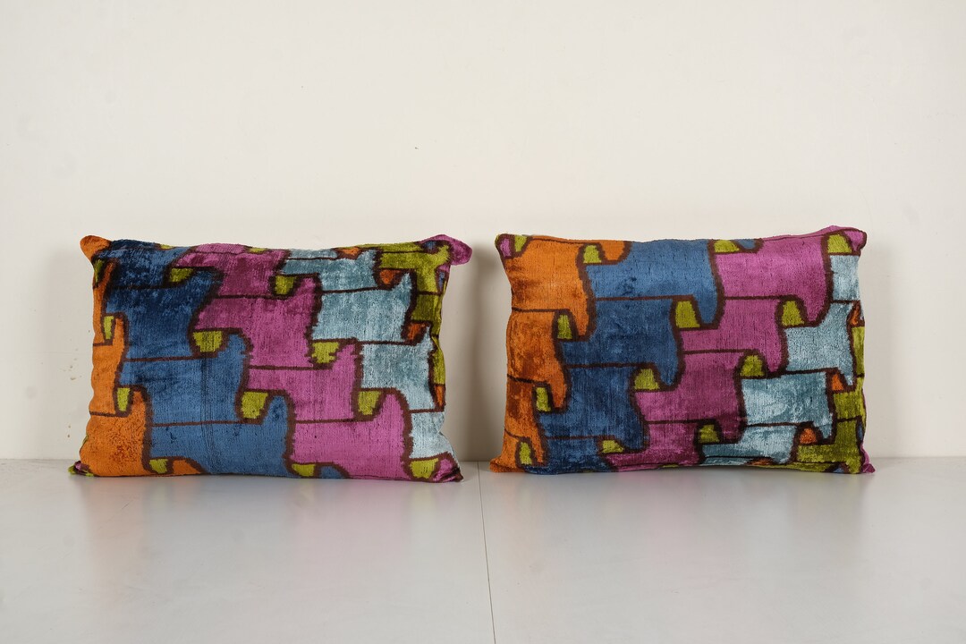 Ikat Puzzle Velvet Lumbar Pillow, Set of Two Colorful Silk Lumbar ...