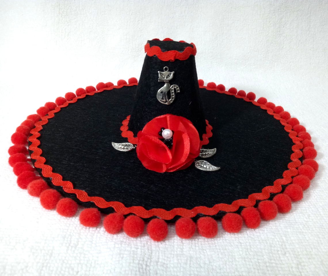 Black sombrero hat for cat Mexican hat with red flower & | Etsy