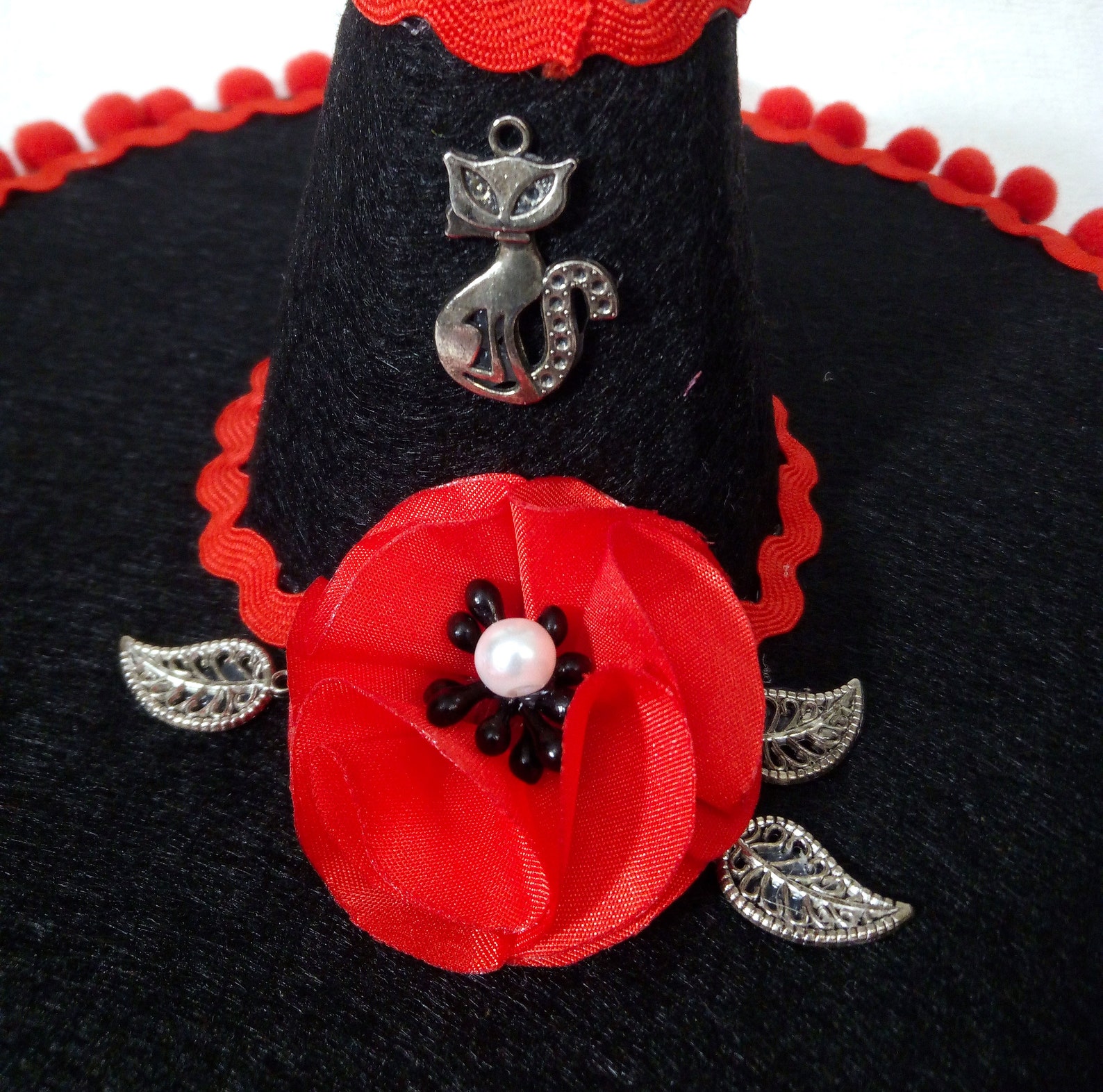 Black Sombrero Hat for Cat Mexican Hat With Red Flower & Charms for ...