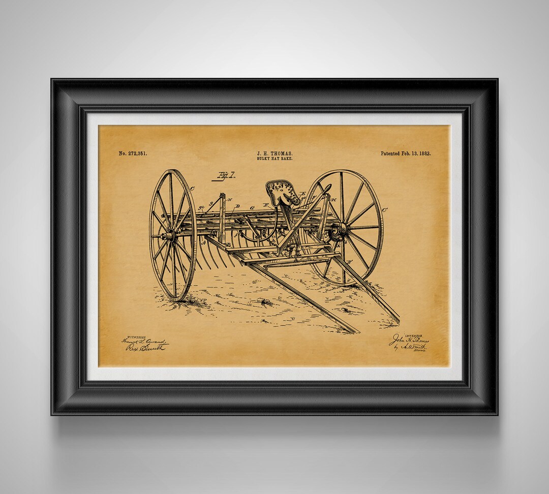 Sulky Hay Rake Patent Artwork Farm House Decor Agriculture Device ...