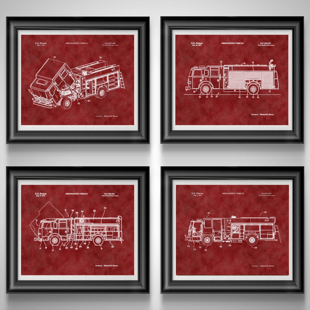 Vintage Firetruck Wall Art Set: 4 Prints for a Firefighter, Nursery, or ...
