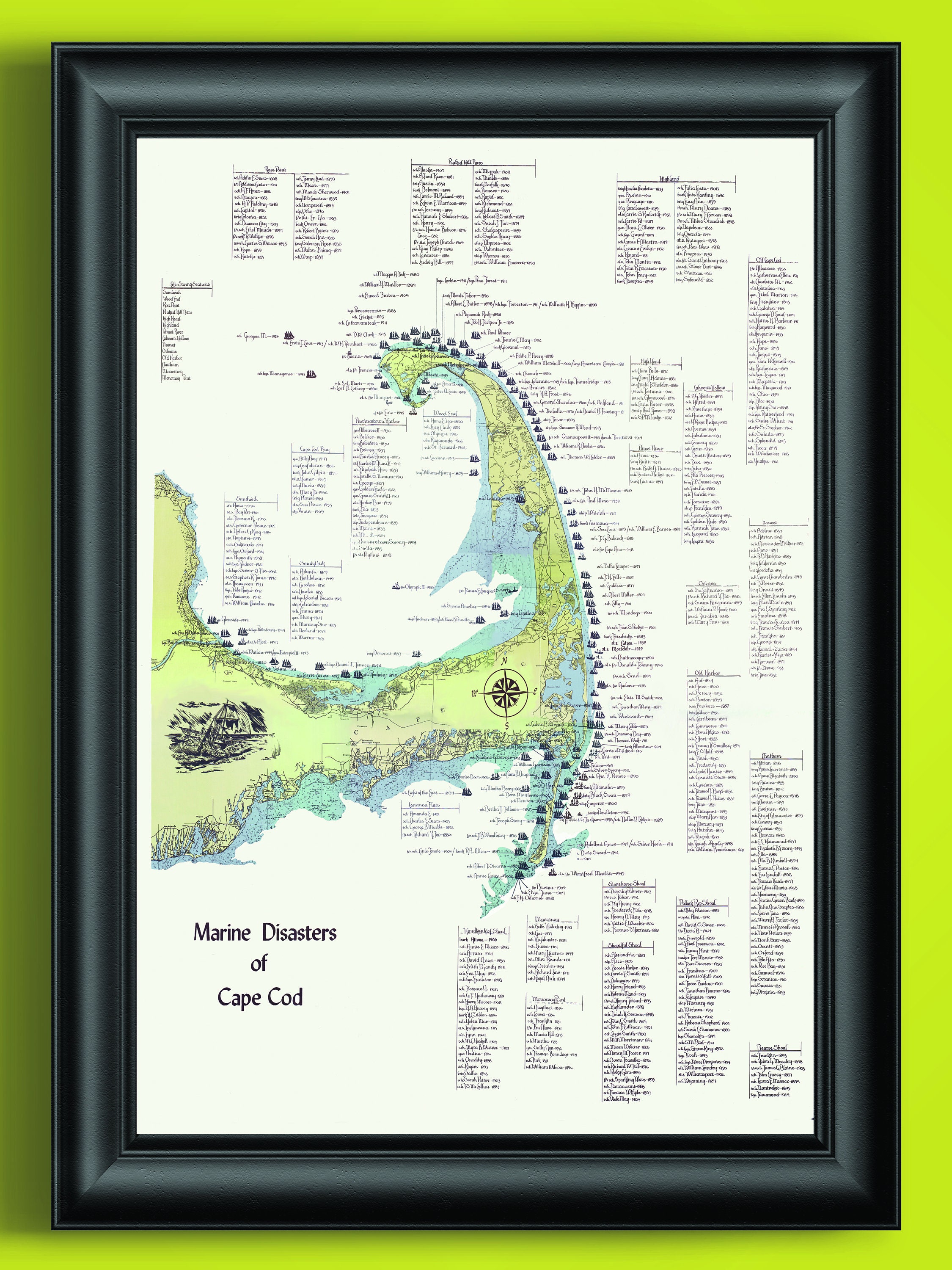 Cape Cod Poster Historical Map of New England Shipwrecks Wall Art ...