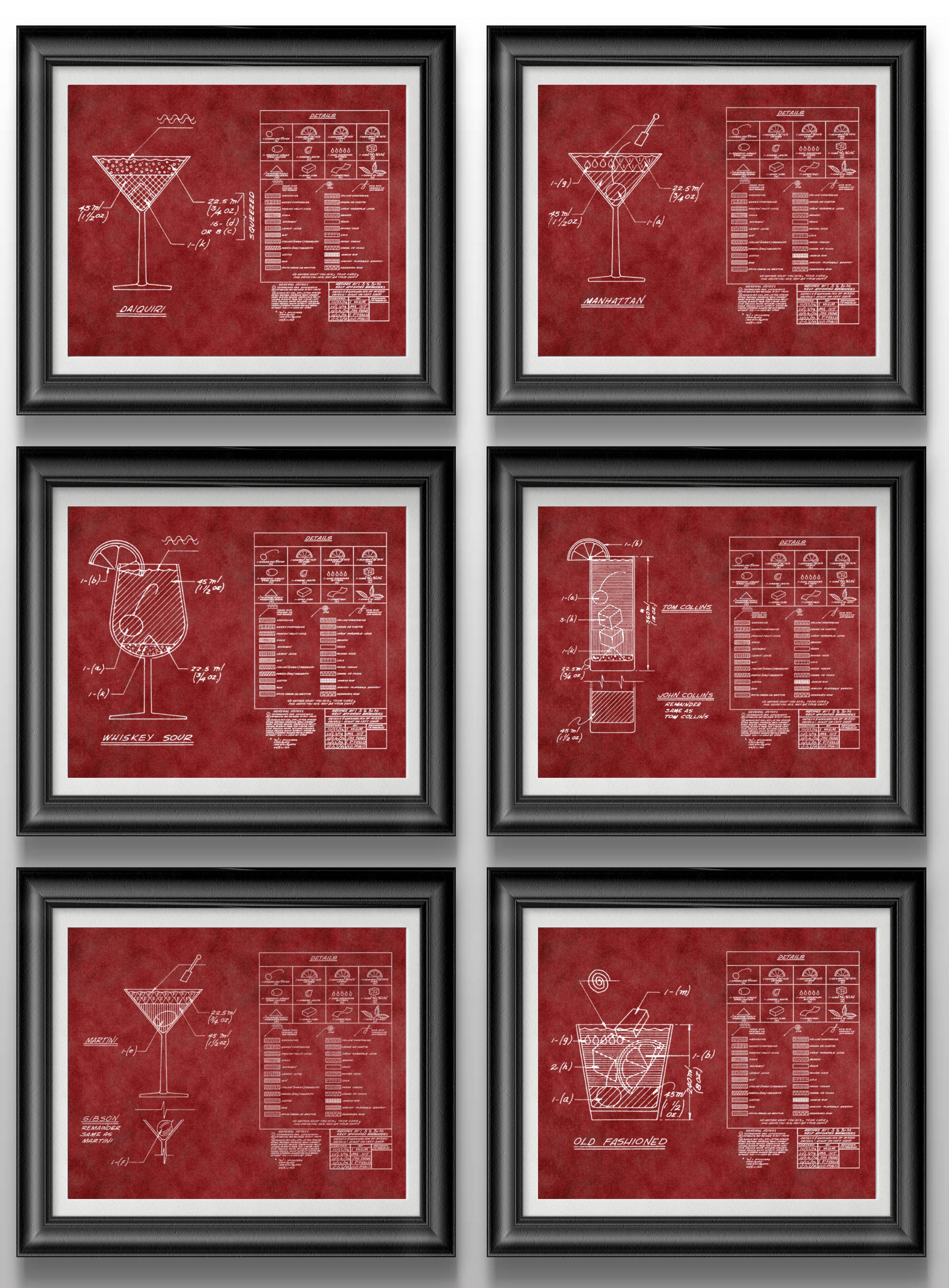 Vintage Cocktail Blueprints: Bundle Prints Set of 6 Bar Prints ...