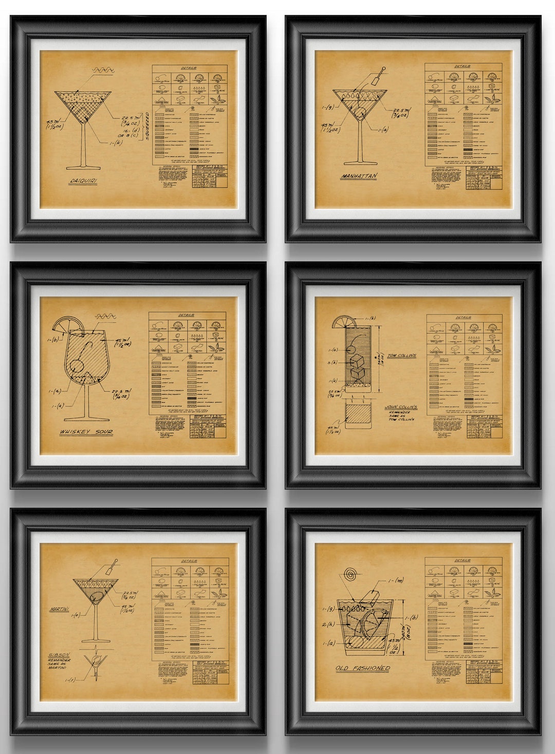 Vintage Cocktail Blueprints: Bundle Prints Set of 6 Bar Prints ...