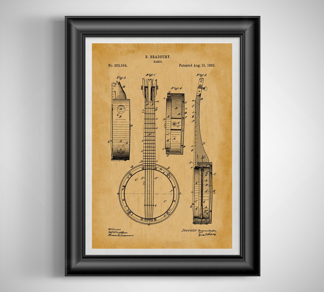Vintage Banjo Patent Art Print: Bluegrass Music Decor for Studio, Band ...
