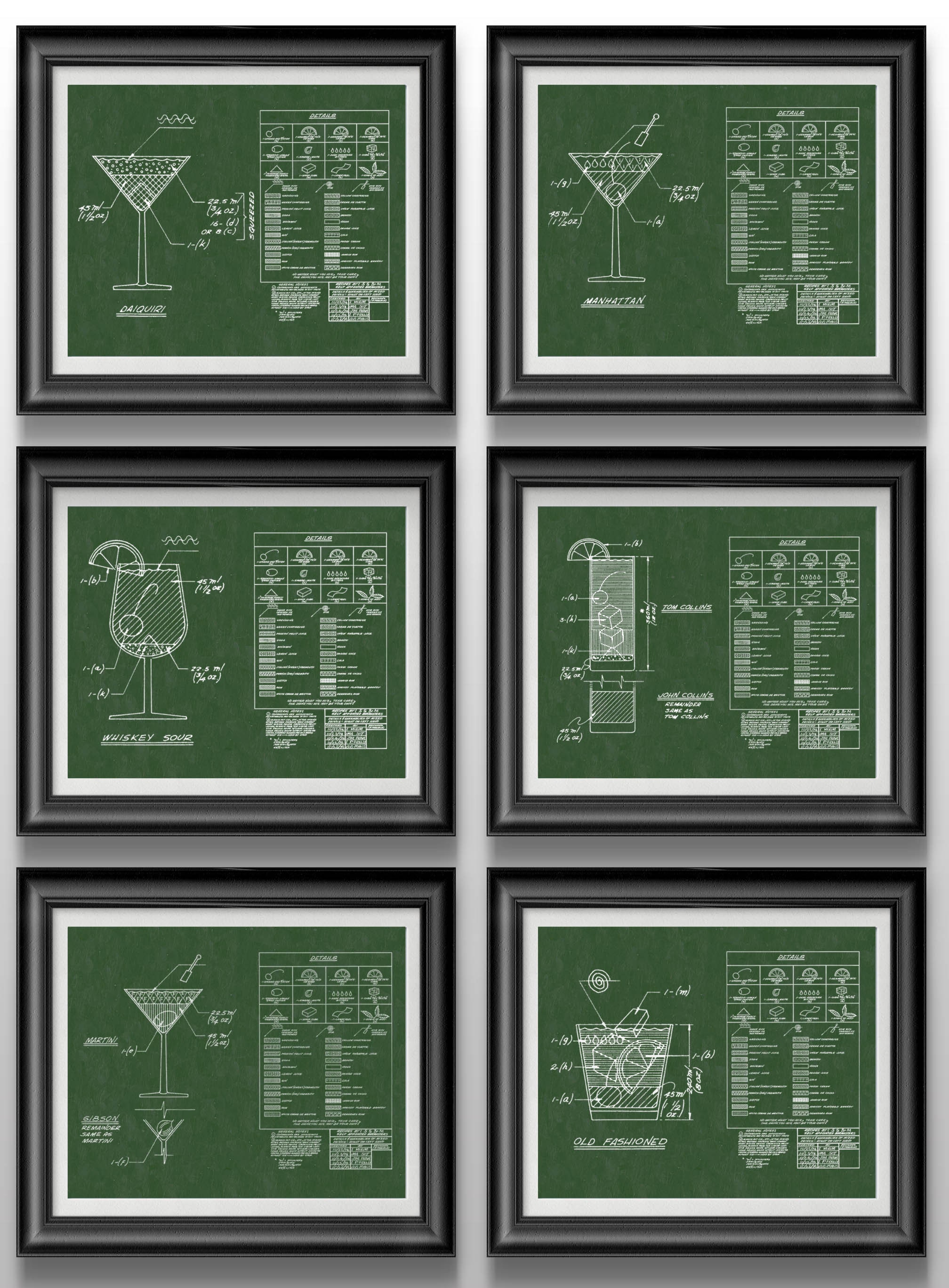 Vintage Cocktail Blueprints: Bundle Prints Set of 6 Bar Prints ...