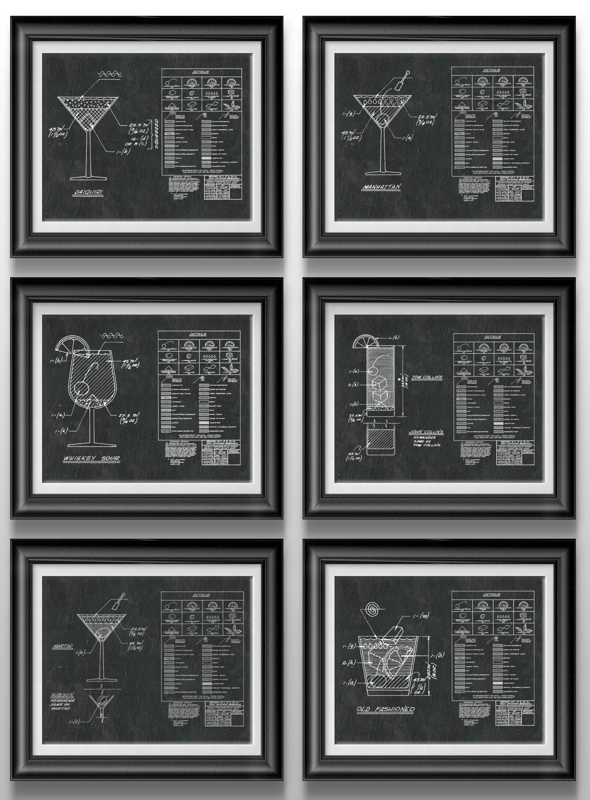 Vintage Cocktail Blueprints: Bundle Prints Set of 6 Bar Prints ...