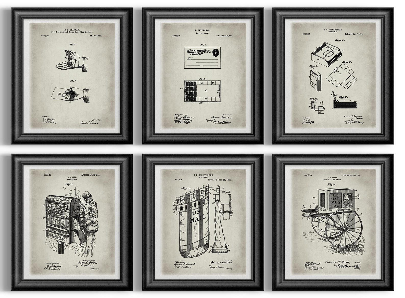 Vintage US Postal Service Wall Art Set: Mail Wagon, Bag & Box, Postal ...