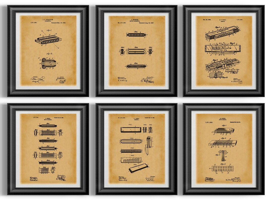 Set of 6 Harmonica Patent Artwork: Unframed Music Studio Posters for ...