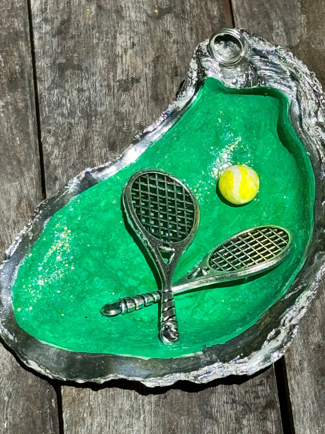 Tennis Ornament - Hand Painted Oyster Shell With Crossed Raquets and ...
