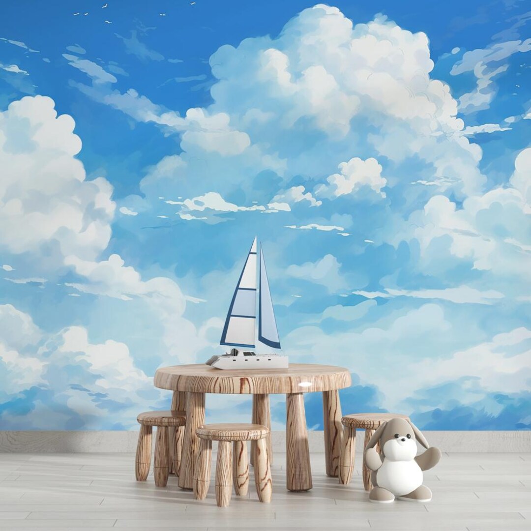 Sky Wallpaper Kids, Blue Sky With Clouds Peel and Stick Wallpaper, Boys ...