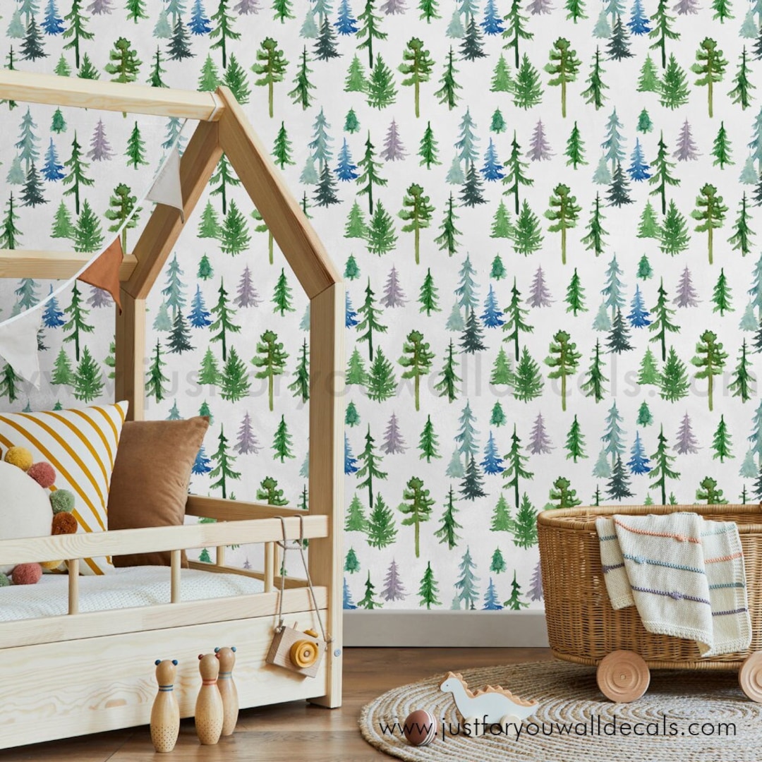 Watercolor Pine Tree Pattern Wallpaper in Soft Greens, Blues, and ...