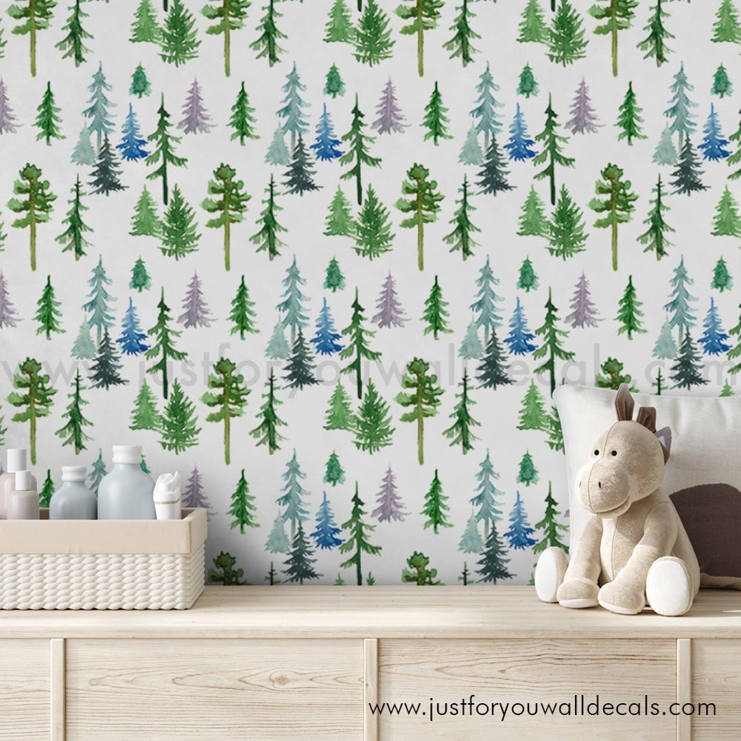 Woodland Wallpaper, Nursery Tree Wallpaper, Watercolor Pine Trees ...