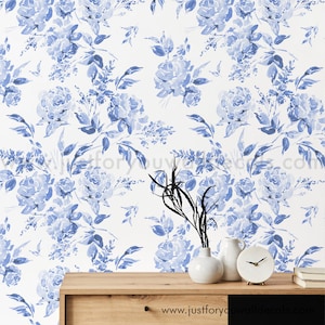 Laundry Room Wallpaper, Blue and White Floral Wallpaper, Peel and Stick ...