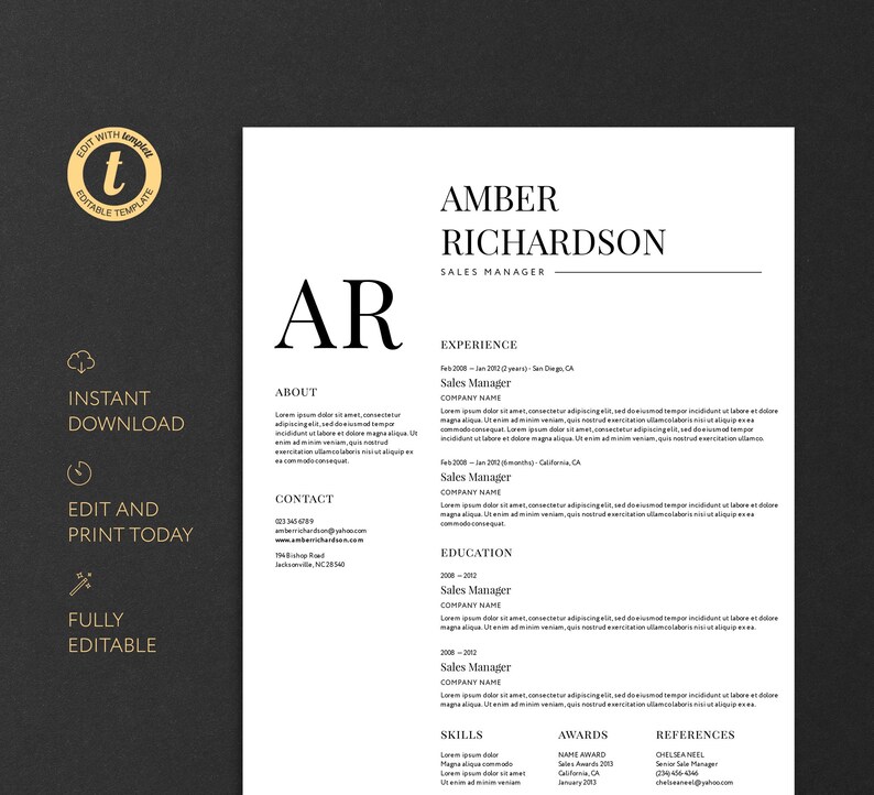 Elegant Resume Template Luxury One Page CV Template Cover Etsy Australia