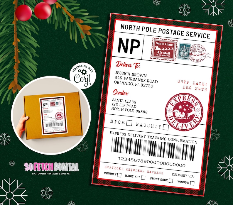 Santa Shipping Label Template Editable North Pole Mail Label Santa Mail ...
