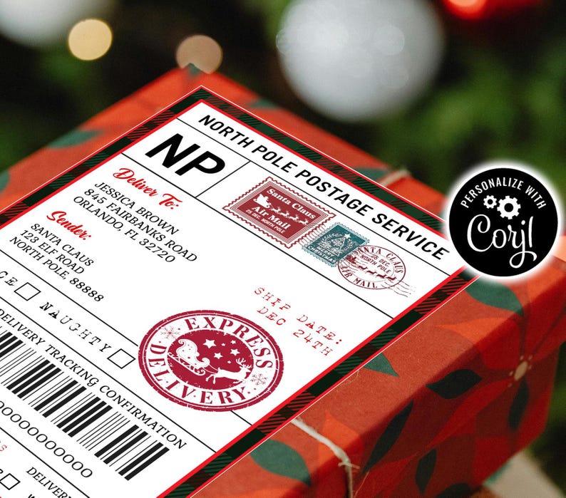 Santa Shipping Label Template Editable North Pole Mail Label Santa Mail ...