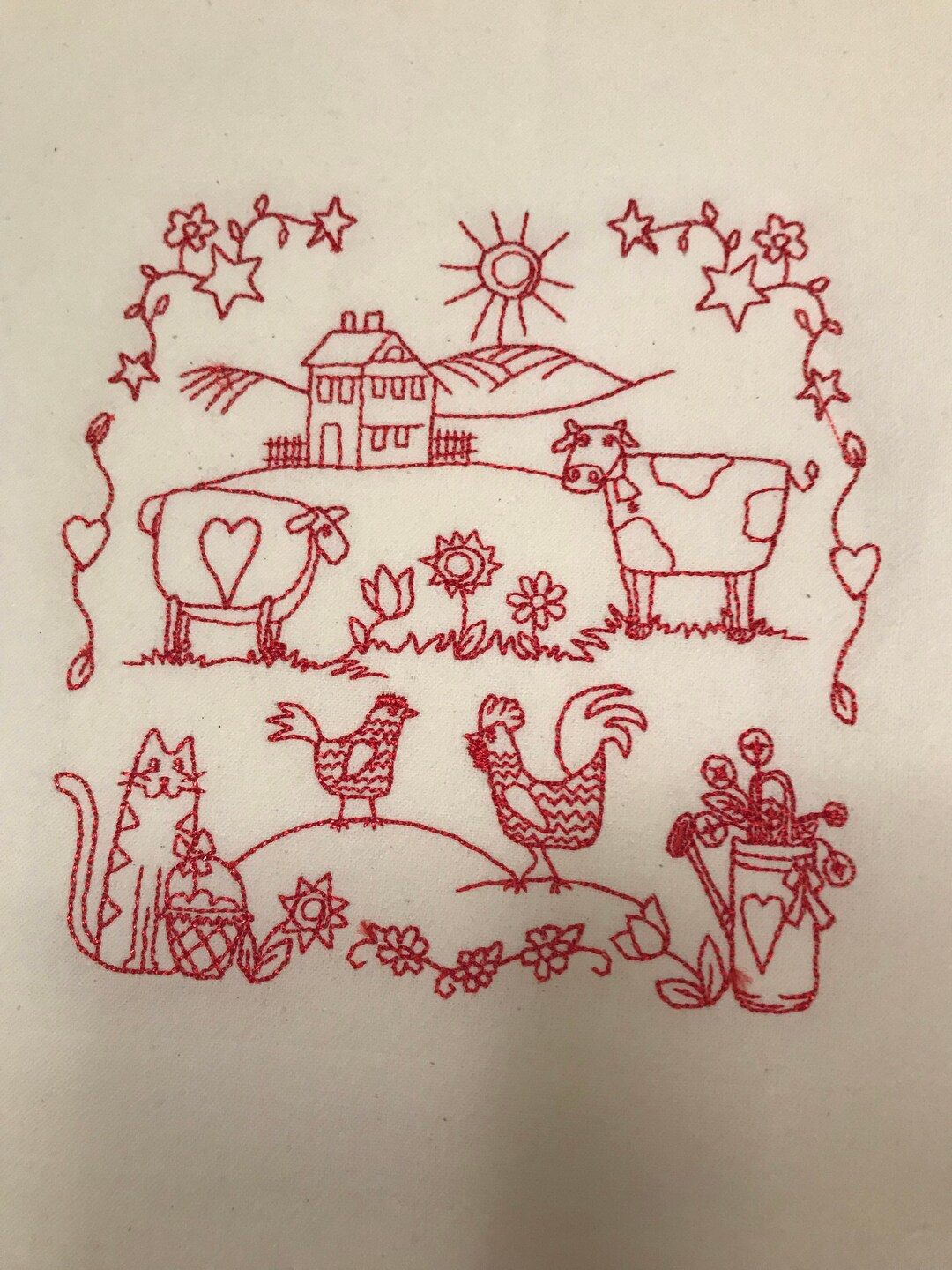 Red Work Farm Scene Embroidered Tea Towel - Etsy
